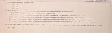 Solved The Reduced Matrix For A System Of Equations Is Solved The Reduced Matrix For A System Of Equations Is