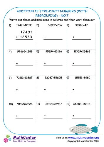 addition of five digit numbers with regrouping no 7 worksheets