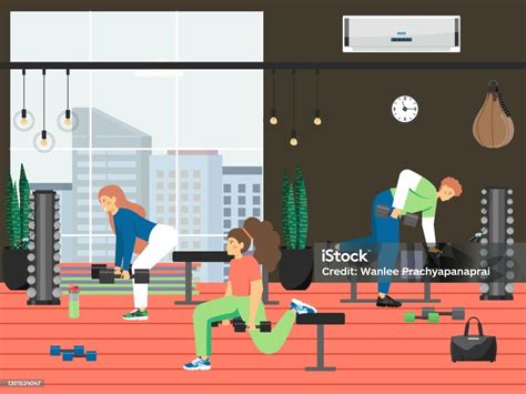 피트니스 체육관 아령 플랫 벡터 일러스트와 운동을하는 사람들 체육관에 대한 스톡 벡터 아트 및 기타 이미지 체육관 헬스