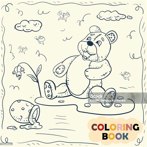 낙서 스타일의 테디 베어 장난감에 어린 아이들을위한 색칠 공부 그림 꿀 냄비 옆에 꽃과 함께 클리어링에 앉아 0명에 대한 스톡