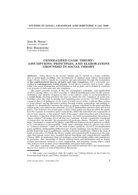 Pdf Generalized Game Theory Assumptions Principles And Elaborations Grounded In Social Theory
