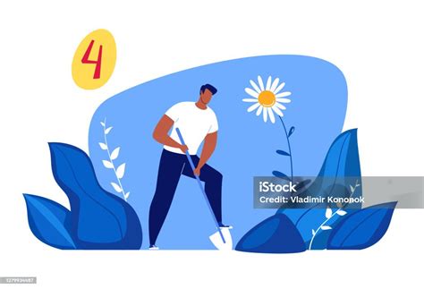 정원이나 공원에서 일하십시오 정원사 캐릭터는 땅 식물 식물을 물방울 가을에 대한 스톡 벡터 아트 및 기타 이미지 가을 개념 개체 그룹 Istock