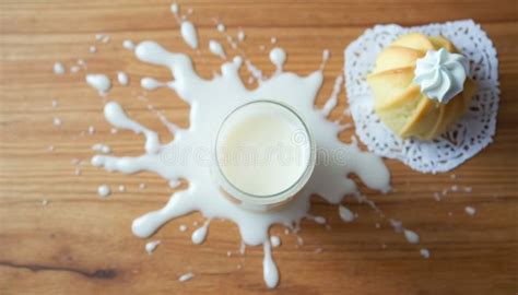 Spilled Milk Next To Cupcake On Table Stock Image Image Of Simple