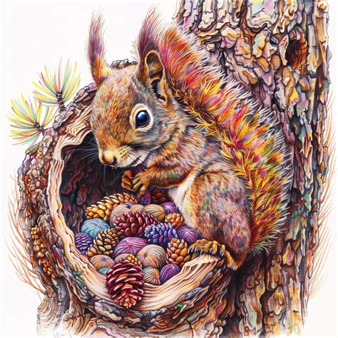 Colorful Pencil Drawing Of A Pine Red Squirrel Hiding Pine Cones In A