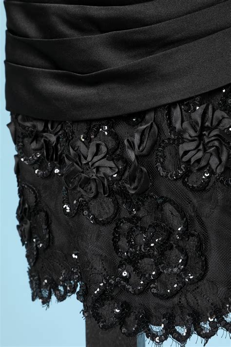 Evening Bustier Dress In Black Satin And Embroidered Lace Pénélope