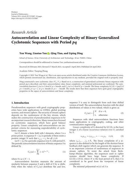 pdf autocorrelation and linear complexity of binary generalized