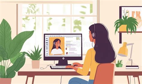 Remote Work Setup With Woman Using Computer For Online Communication Surrounded By Plants And