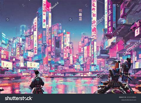 Cyberpunk Neon City Night Futuristic City Stock Vector Royalty Free