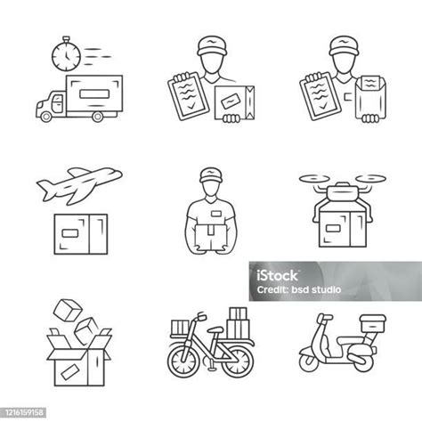 배달 선형 아이콘 집합입니다 비행기 무인 항공기 익스프레스 배송 소포 문서 택배 배달 포장을 주문하십시오 가는 선 윤곽심 격리된 벡터 개요 그림입니다 편집 가능한 스트로크