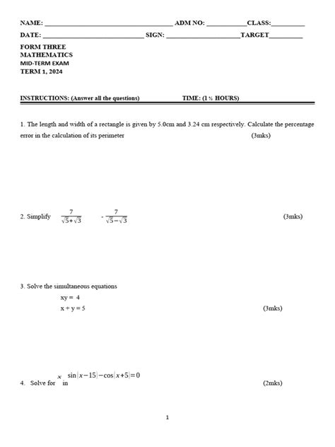 Mathematics F3 Midterm Cat Pdf Mathematics