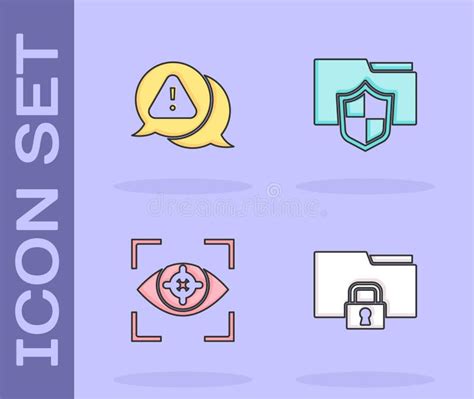 Set Folder And Lock Exclamation Mark In Triangle Eye Scan And Document Folder Protection Icon