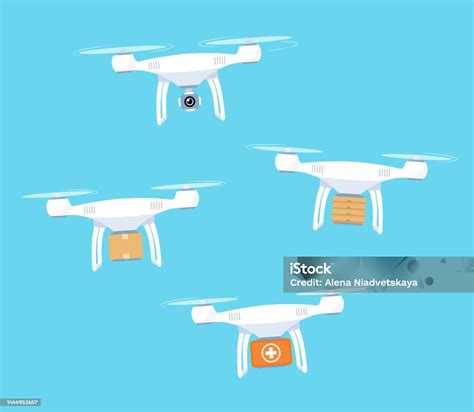 항공 배달용 드론 현대 기술 개념 그림입니다 패키지가 있는 쿼드로콥터 드론으로 소포 음식 의약품 배달 플랫 스타일의 벡터 그림입니다 0명에 대한 스톡 벡터 아트 및 기타