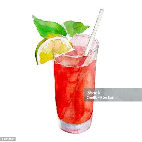 민트와 유리에 레몬 수채화 그림을 흰색 배경에 고립 된 빨간 주스 분홍에 대한 스톡 벡터 아트 및 기타 이미지 분홍 마실