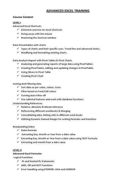 advance excel course outline pdf microsoft excel data management