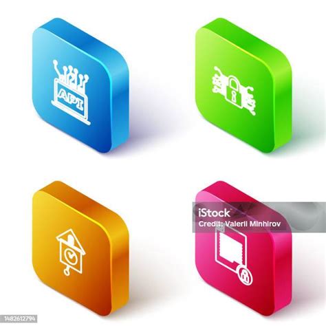 Set Isometric Line Computer Api Interface Cyber Security Retro Wall Watch And Document And Lock