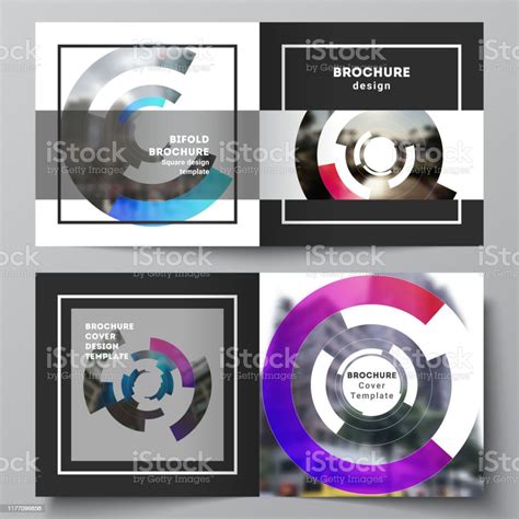 사각형 디자인 Bifold 브로셔 잡지 전단지 소책자를위한 두 개의 표지 템플릿의 벡터 레이아웃 미래 지향적 인 디자인 원형 패턴 사진기하학적 프레임을 형성하는 원 요소 0