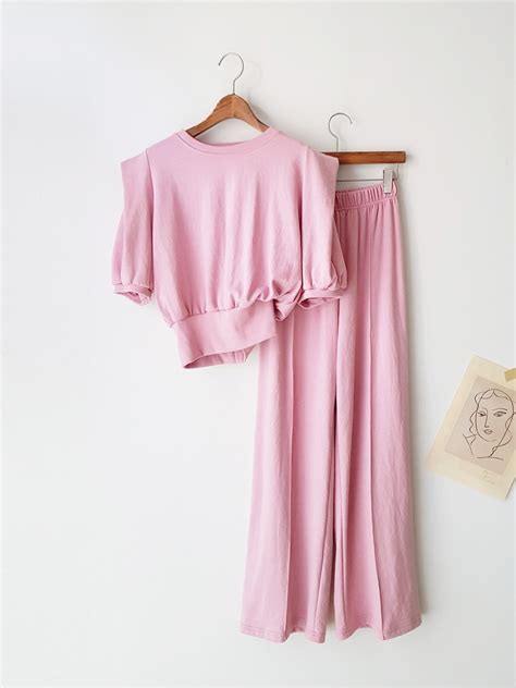 리케마켓 러블리set 사랑스러운 볼륨 퍼프소매 잘록 허리밴딩 반팔 미니 탑 티셔츠밴딩 세로핀턱 와이드 일자 롱 팬츠 통바지