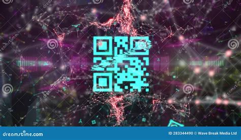 animation of qr code and data processing over dark background stock