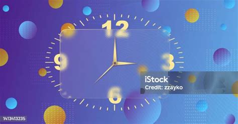 Clock Glassmorphism Effect 3d Style Rectangle Timer Gold Clock Face And Hands On Violet Blue