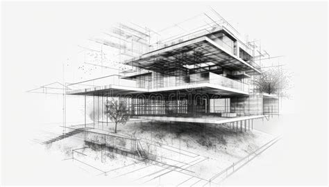 Modern Architectural Sketch Of A Multi Level Structure With Unique