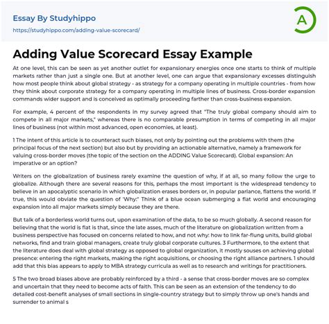 Adding Value Scorecard Essay Example Adding Value Scorecard Essay Example