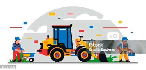 현장에서 건설 장비 및 작업자 기하학적 모양과 구름의 다채로운 배경 빌더 건설 장비 유지 보수 인력 굴삭기 전기 벡터 일러스트레이션 건설 기계류에 대한 스톡 벡터 아트 및