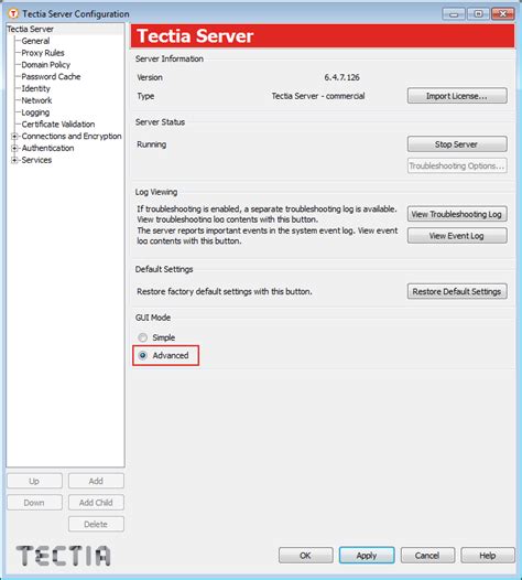 opening tectia server configuration gui