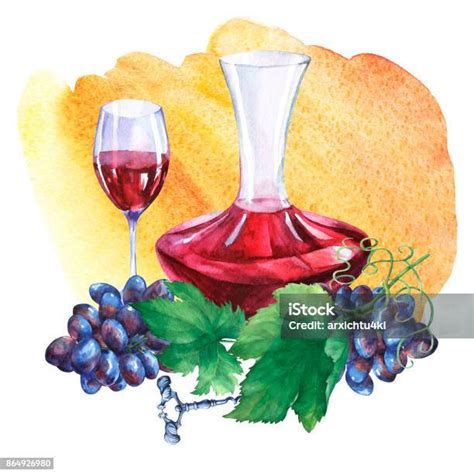 신선한 포도 병따개 디 켄 터와 레드 와인의 유리의 무리와 함께 배치 손 노란색과 오렌지 수채화 배경에 수채화 그림을 그려 건강한 식생활에 대한 스톡 벡터 아트 및 기타