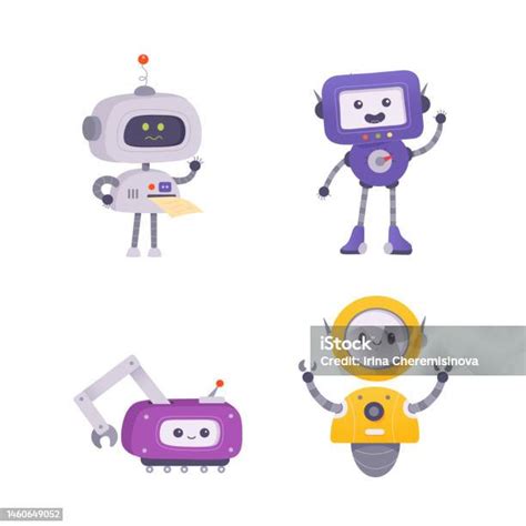 귀여운 로봇 세트 미래 지향적 인 재미있는 캐릭터 자동화 기계가있는 유치한 컬렉션 로봇에 대한 스톡 벡터 아트 및 기타 이미지