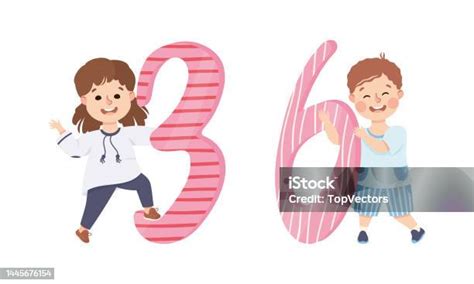 숫자를 가진 귀여운 행복한 아이들 3과 6 개의 숫자를 들고 즐거운 소년과 소녀 생일 나이 파티 장식 교육 자료 만화 벡터 일러스트 레이 션 교육에 대한 스톡 벡터 아트 및