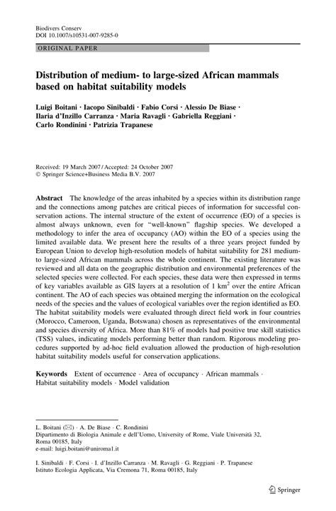 Pdf Distribution Of Medium To Large Sized African Mammals Based On Habitat Suitability Models
