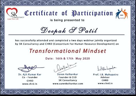 Deepak S Patil On Linkedin Completed Two Days Workshop On Transformational Mindset 16th