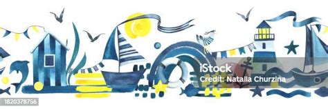 등대와 오두막 파도 물고기 닻과 구명 부표 파란색 청록색 및 노란색이 있는 범선 유치한 심플한 스타일로 손으로 그린 수채화 그림입니다 이음새가 없는 테두리 범선 레크리에이션