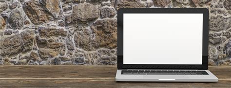 작업 테이블 전면 보기에 노트북 컴퓨터 흰색 빈 화면 공간을 복사합니다 3d 렌더링 0명에 대한 스톡 사진 및 기타 이미지