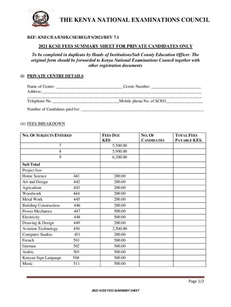 Fillable Online 2021 Kcse Fees Summary Sheets Fax Email Print Pdffiller