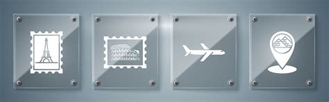 이집트 피라미드 비행기 우편 스탬프와 콜로세움과 우편 스탬프와 에펠 탑지도 포인터를 설정합니다 정사각형 유리 패널 벡터 건축에 대한 스톡 벡터 아트 및 기타 이미지 Istock