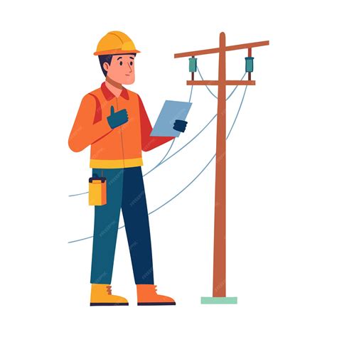 Electricista De Dibujos Animados Trabajando En Un Poste Eléctrico Con