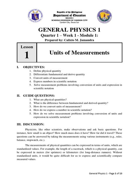 General Physics 1 Q1 W1 M1 Lds Measurements Alg Rtp Pdf Accuracy And Precision Weighing Scale