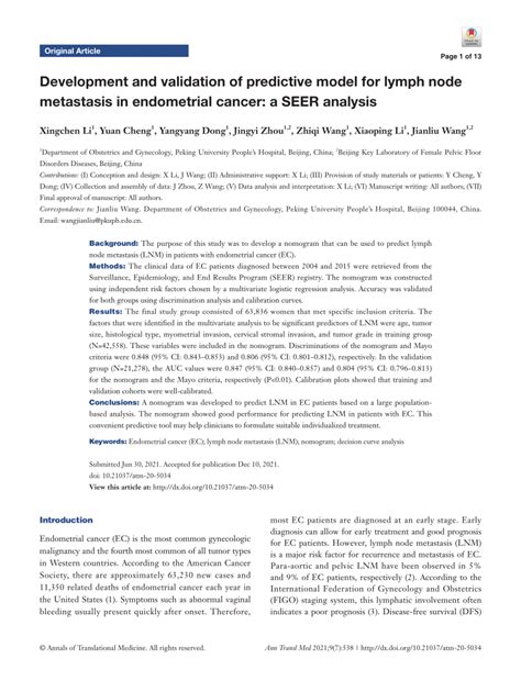 Pdf Development And Validation Of Predictive Model For Lymph Node Metastasis In Endometrial