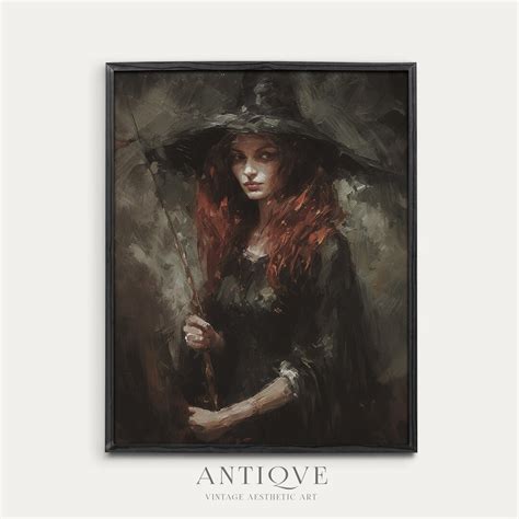 Halloween Witch Painting Sexy Redhead Witch Holding Broom Subtle