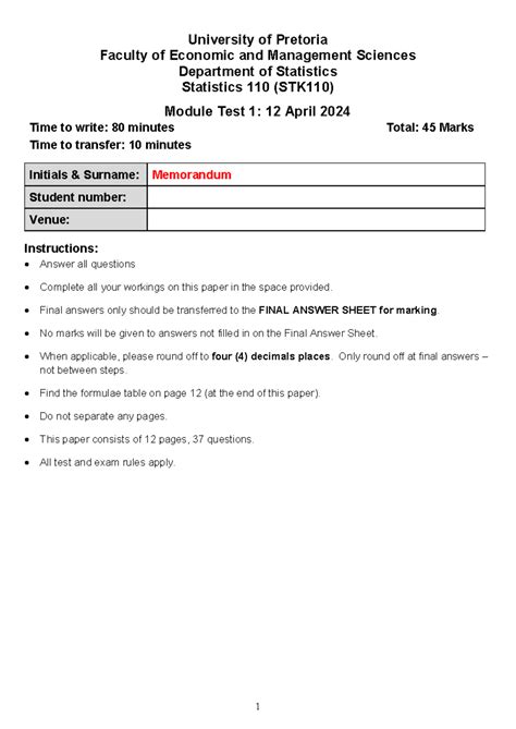 STK110 Module Test 1 2024 Final Memo 2 University Of Pretoria Faculty Of Economic And
