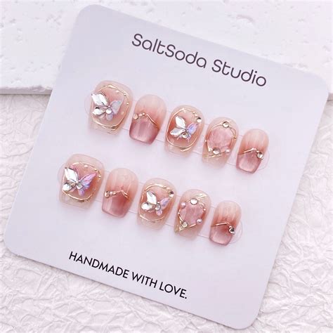Handmade Crystal Butterfly Press On Nails Pink Cat Eye Short Coffin Etsy