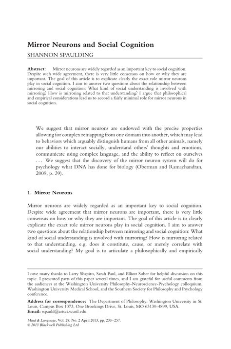 Pdf Mirror Neurons And Social Cognition