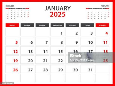 2025 년 월간 달력 템플릿 1 월 2025 년 주 일요일에 시작 탁상 달력 2025 디자인 벽 달력 플래너 디자인 문구 인쇄 매체 빨간색 배경 벡터 1월에 대한 스톡