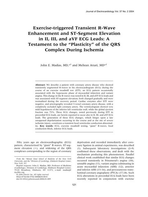 Pdf Exercise Triggered Transient R Wave Enhancement And St Segment Elevation In Ii Iii And