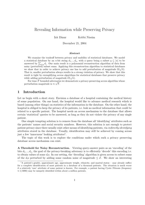 Pdf Revealing Information While Preserving Privacy