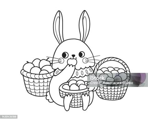 귀여운 토끼 개요 만화 캐릭터 과일 바구니에 둘러싸인 사과를 먹는 작은 토끼 어린이와 어린이를위한 색칠 공부 책 페이지 템플릿 낙서 인쇄 벡터 윤곽선 일러스트레이션 과일에