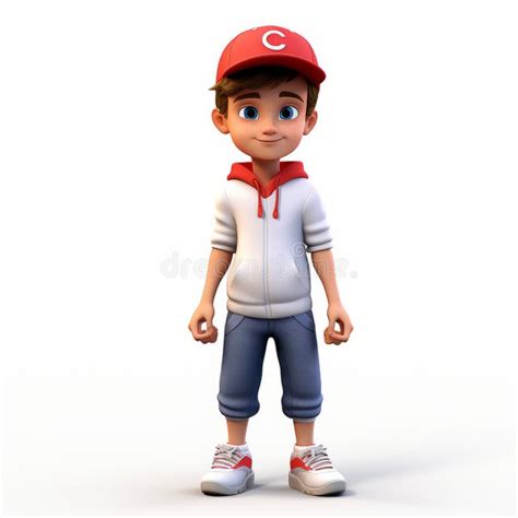 Cartoon Boy In Vray Tracing Style 3d Full Body With Baseball Cap Stock