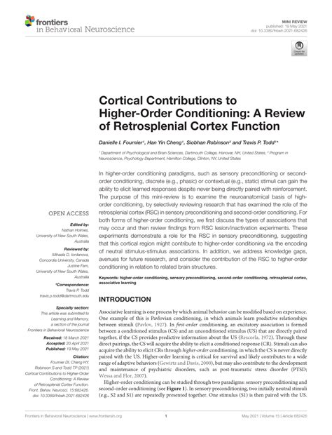 Pdf Cortical Contributions To Higher Order Conditioning A Review Of