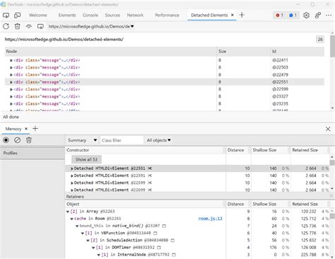 debug memory leaks with the microsoft edge detached elements tool